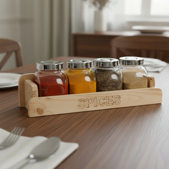4 in 1 Wooden Base Glass Spice Jar Set Heavy – Hakimi Steel